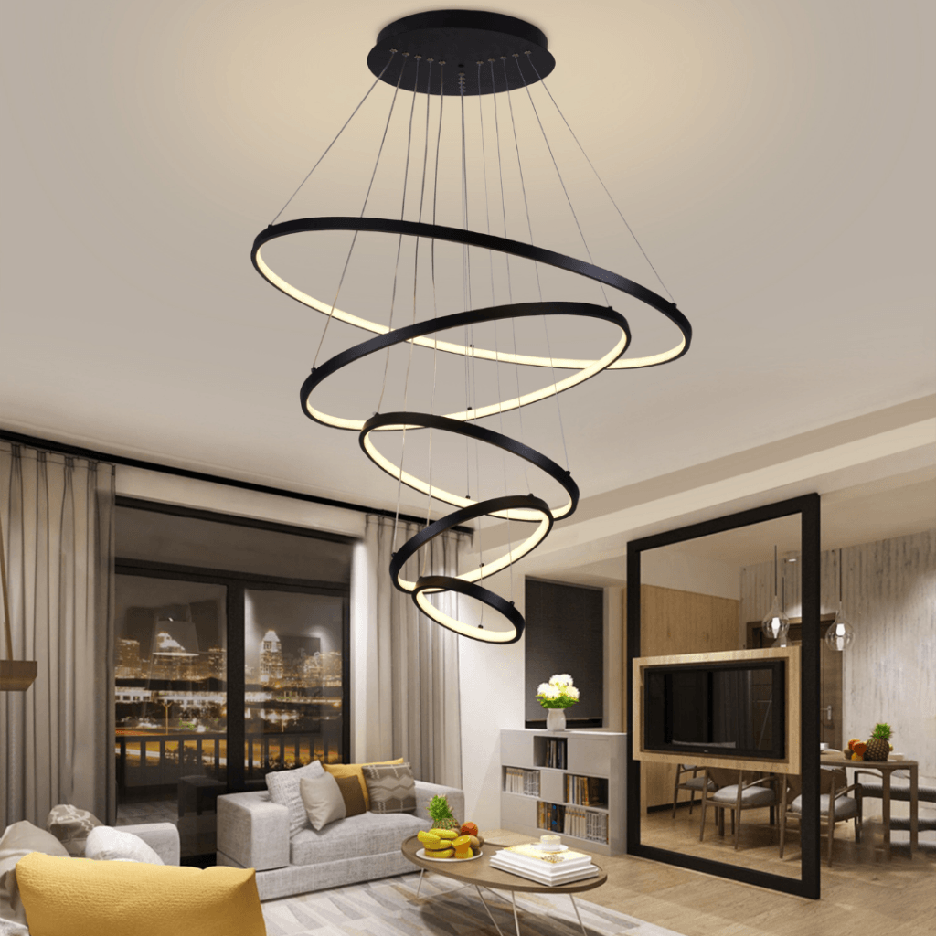 Lámpara colgante 5 aros led a control remoto con dimer de intensidad y ...